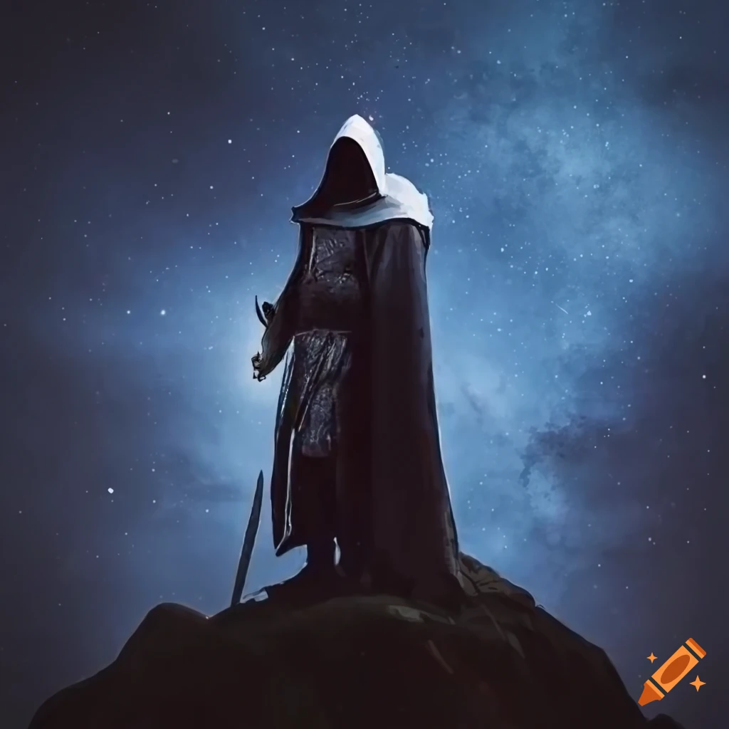 Hooded knight with sword and torch overlooking a bluff at night on Craiyon