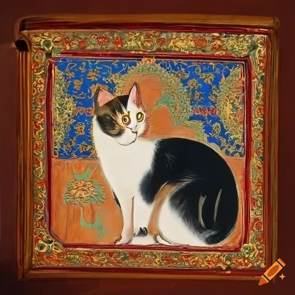 Calico cat painted in a medieval Book of Hours style on Craiyon
