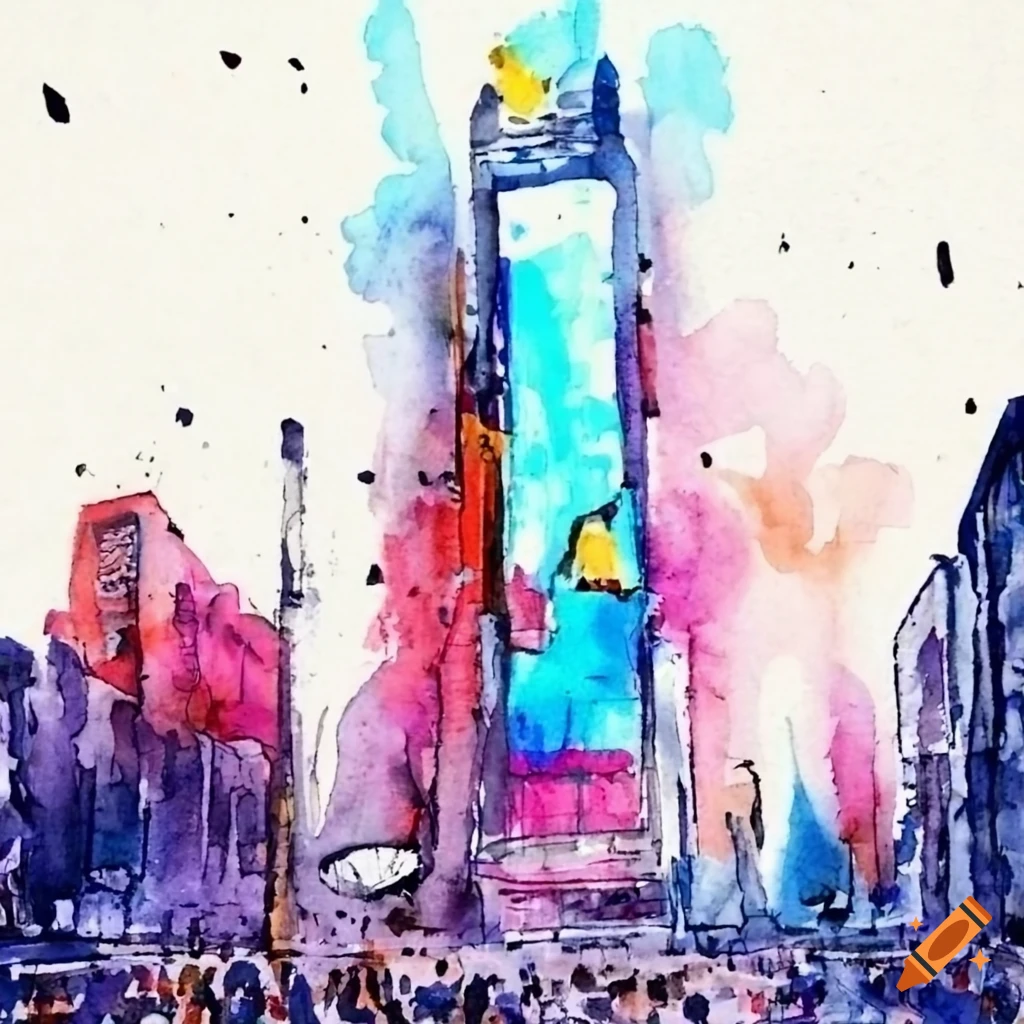 Times square depicted in watercolor and ink on Craiyon