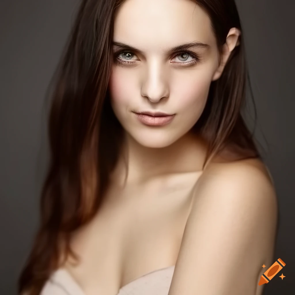 Portrait of a beautiful 25-year-old woman with dark hair, brown eyes, and a sultry expression on ...