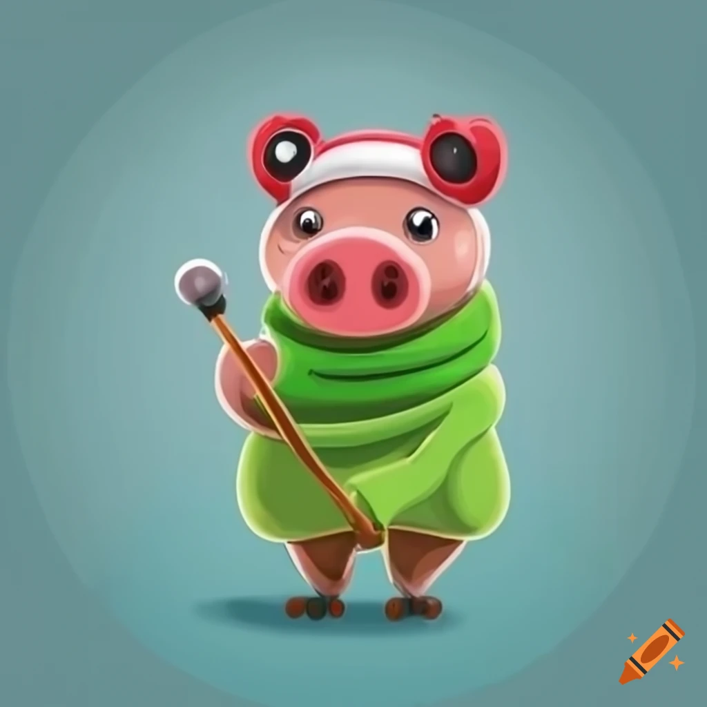 Cartoon pig in frog hat with microphone on Craiyon