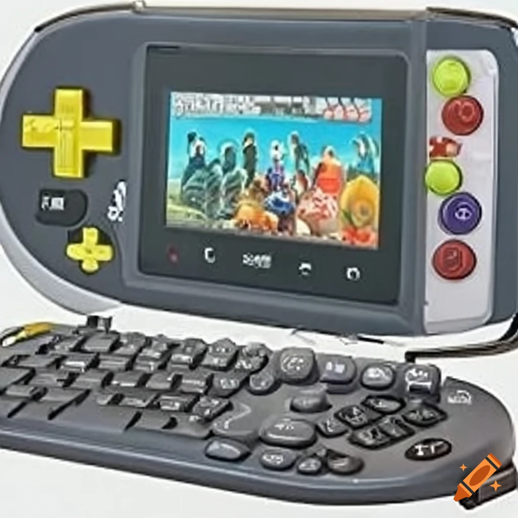 Handheld game console with gaming controls and computer keyboard on Craiyon