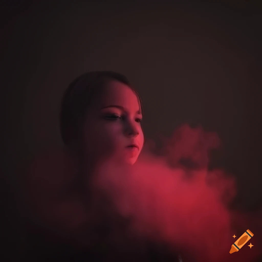 Faceless girl with red smoke and broken crosses under a distorted sky ...