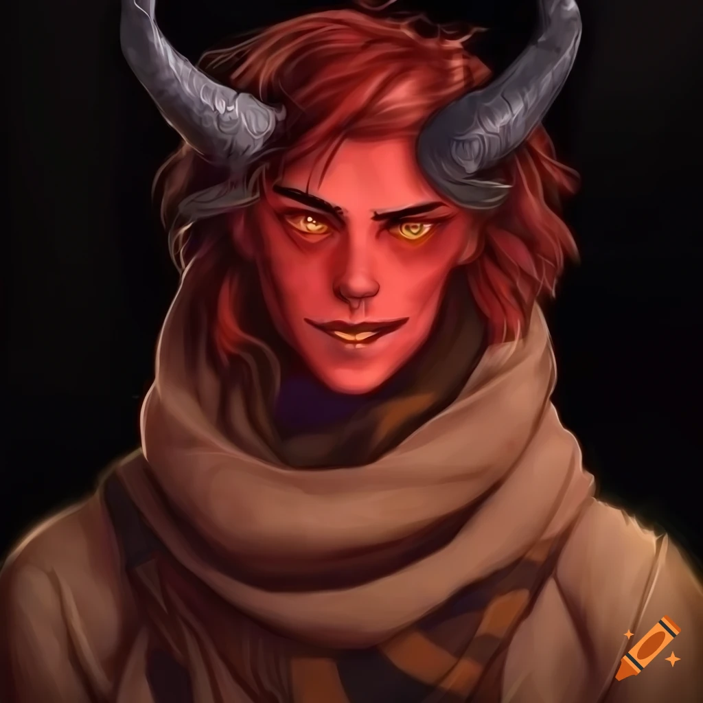 Male tiefling with red skin, black horns, and brown scarf in front of ...