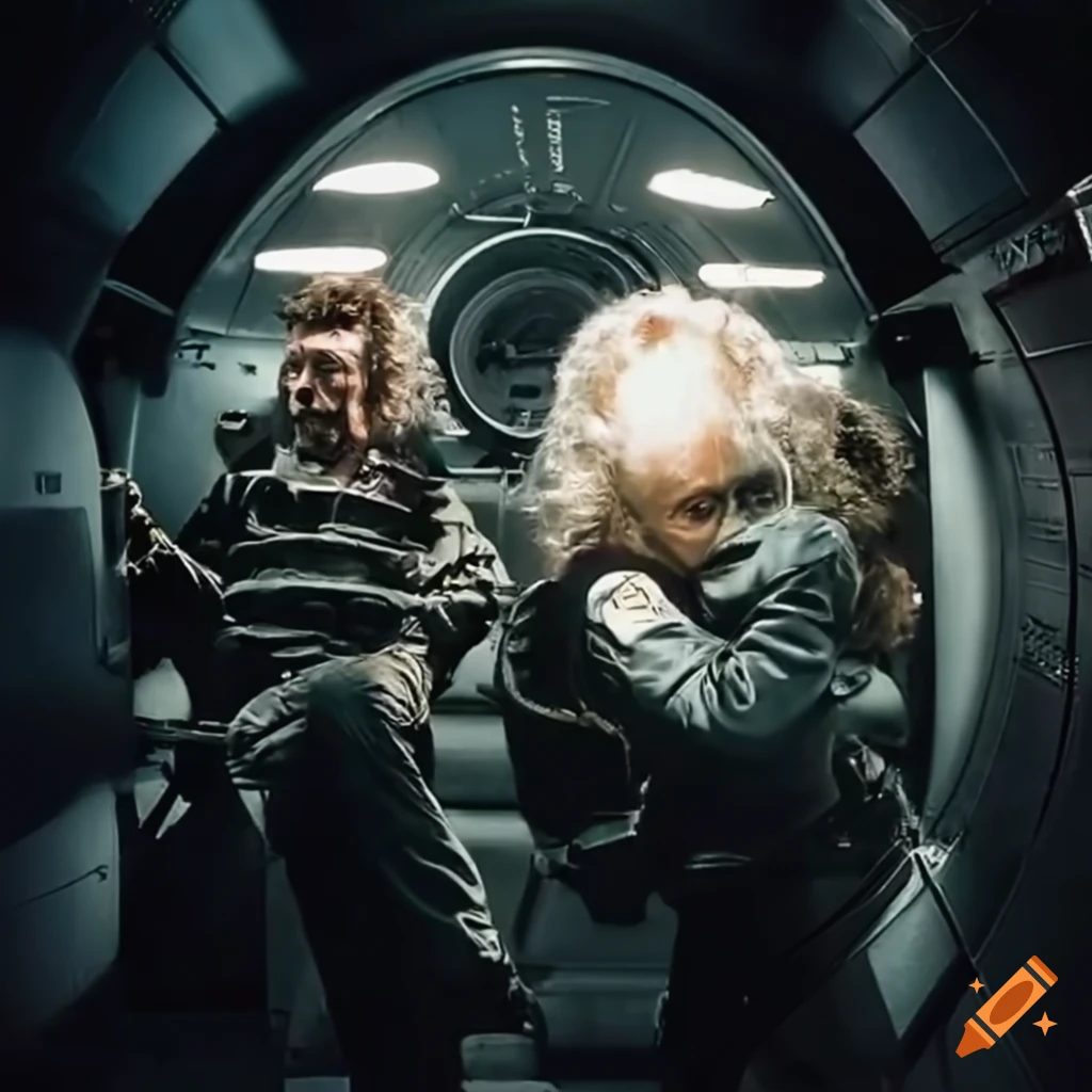 Alien life forms in a 1980's sci-fi movie scene aboard a spaceship on ...