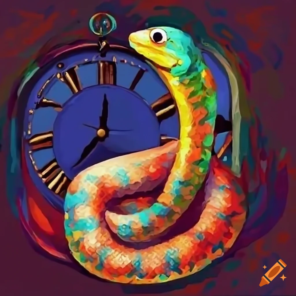 Snake waiting in front of a clock on Craiyon