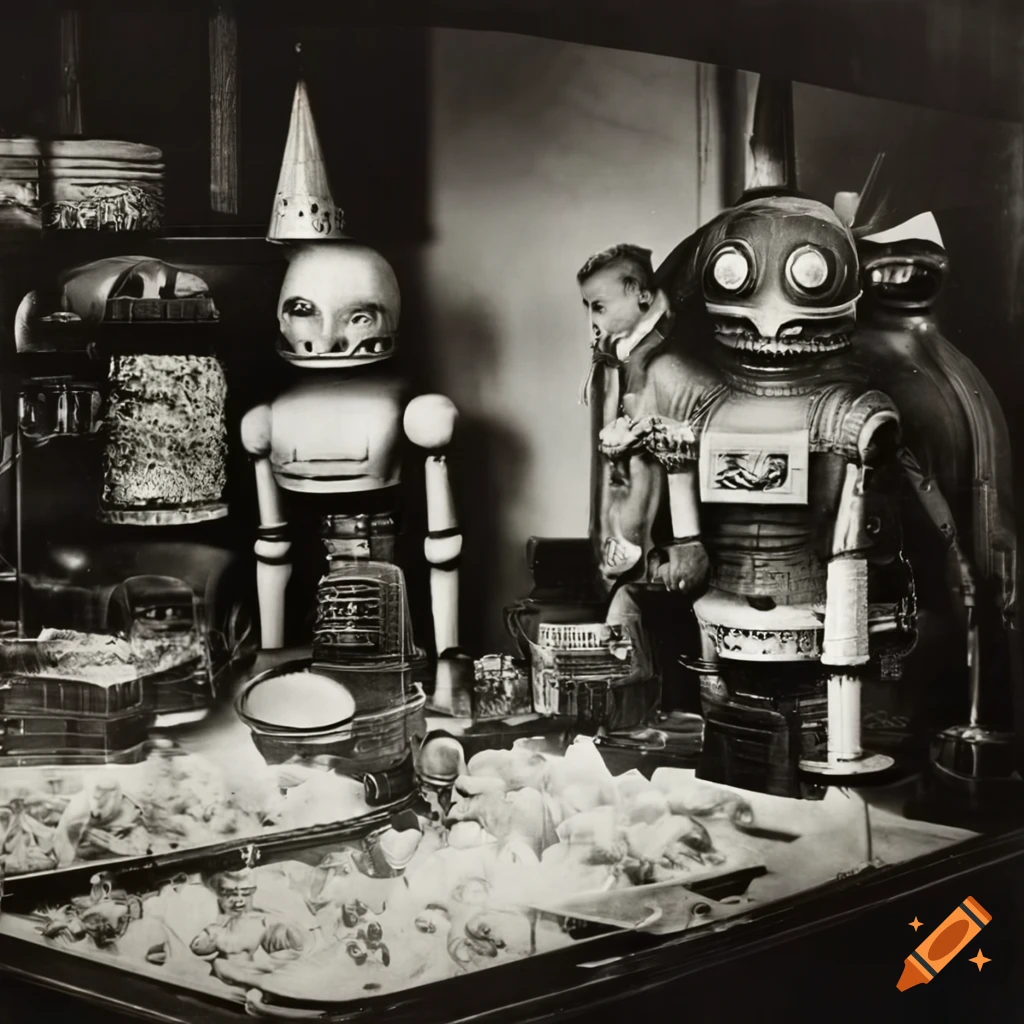 Vintage 1920s photograph of alien robots at an ice cream store in a sci ...