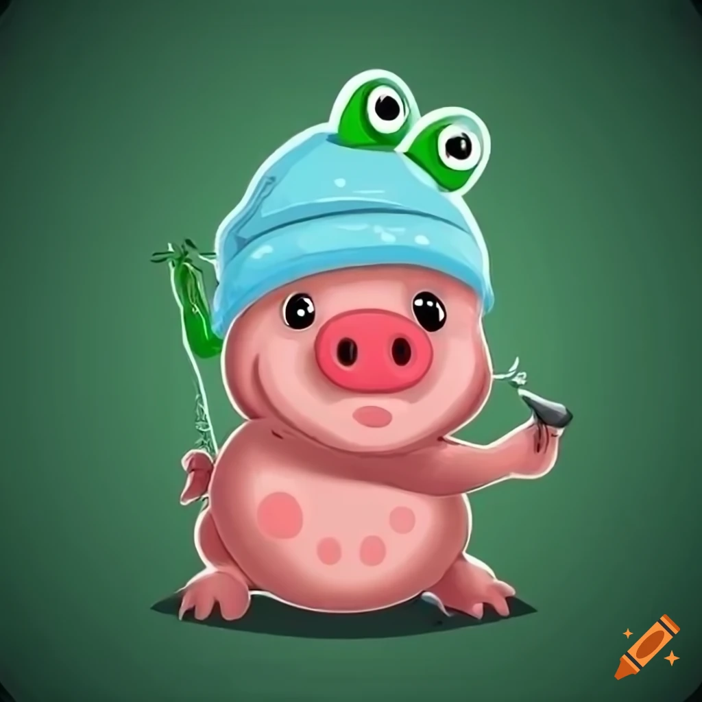 Adorable cartoon pig fishing with a frog-shaped winter hat on Craiyon