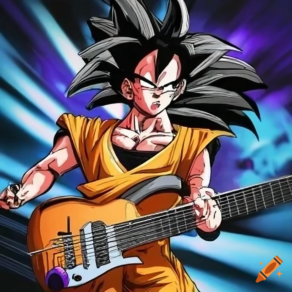 Manga dragonball z character playing bass guitar on Craiyon