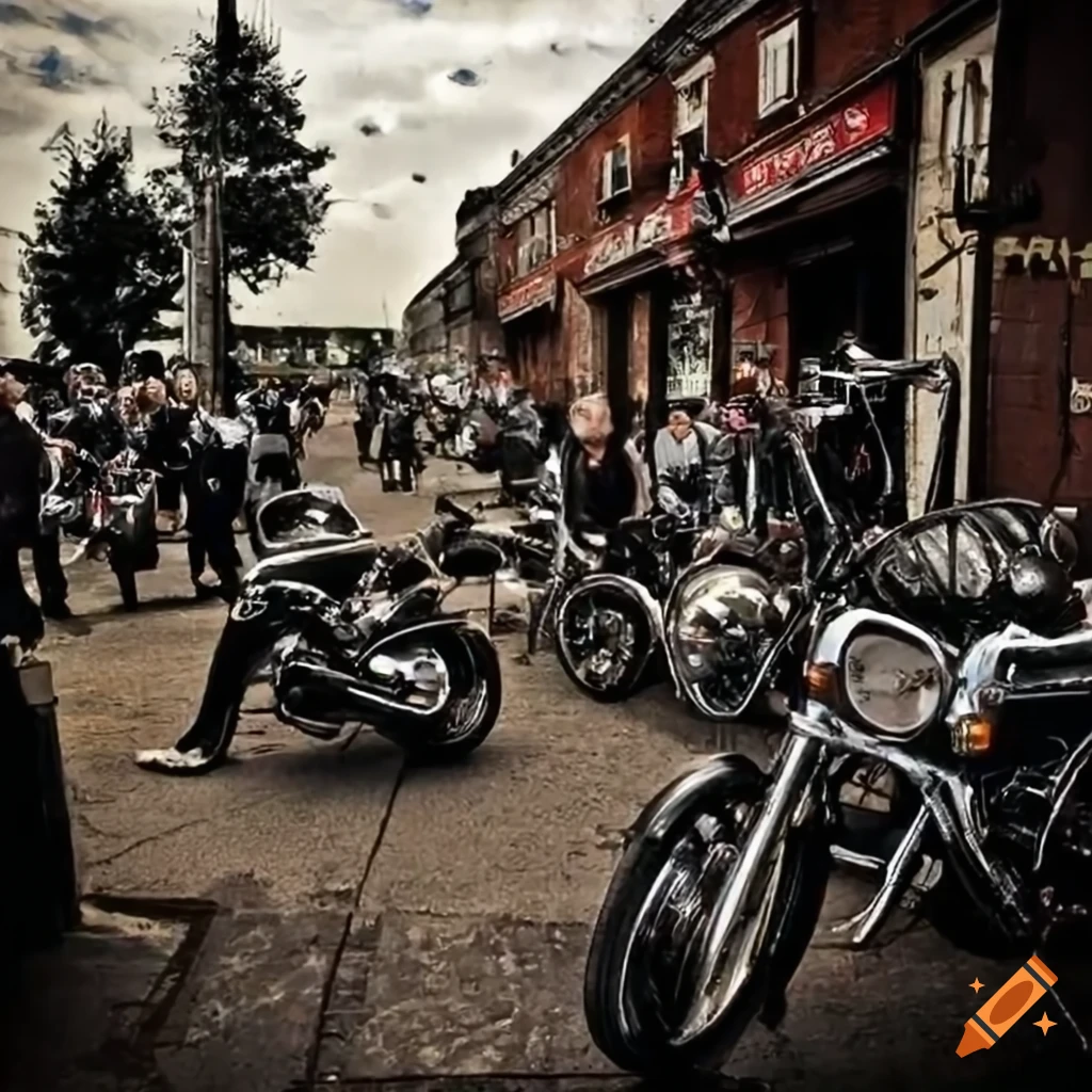 Detailed motorcycle club scene with iconic parked bikes on Craiyon