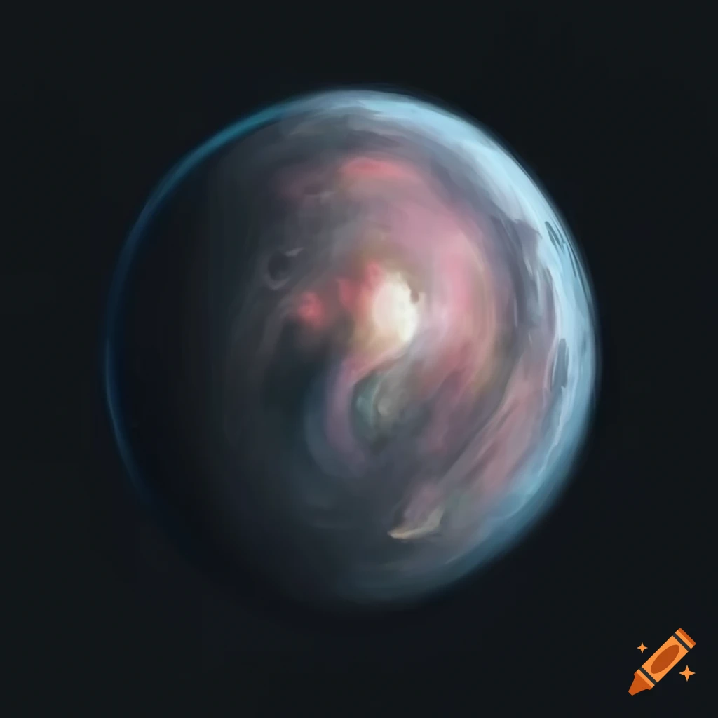 Gas giant planet with swirling smoke in a sci-fi art sketch on Craiyon