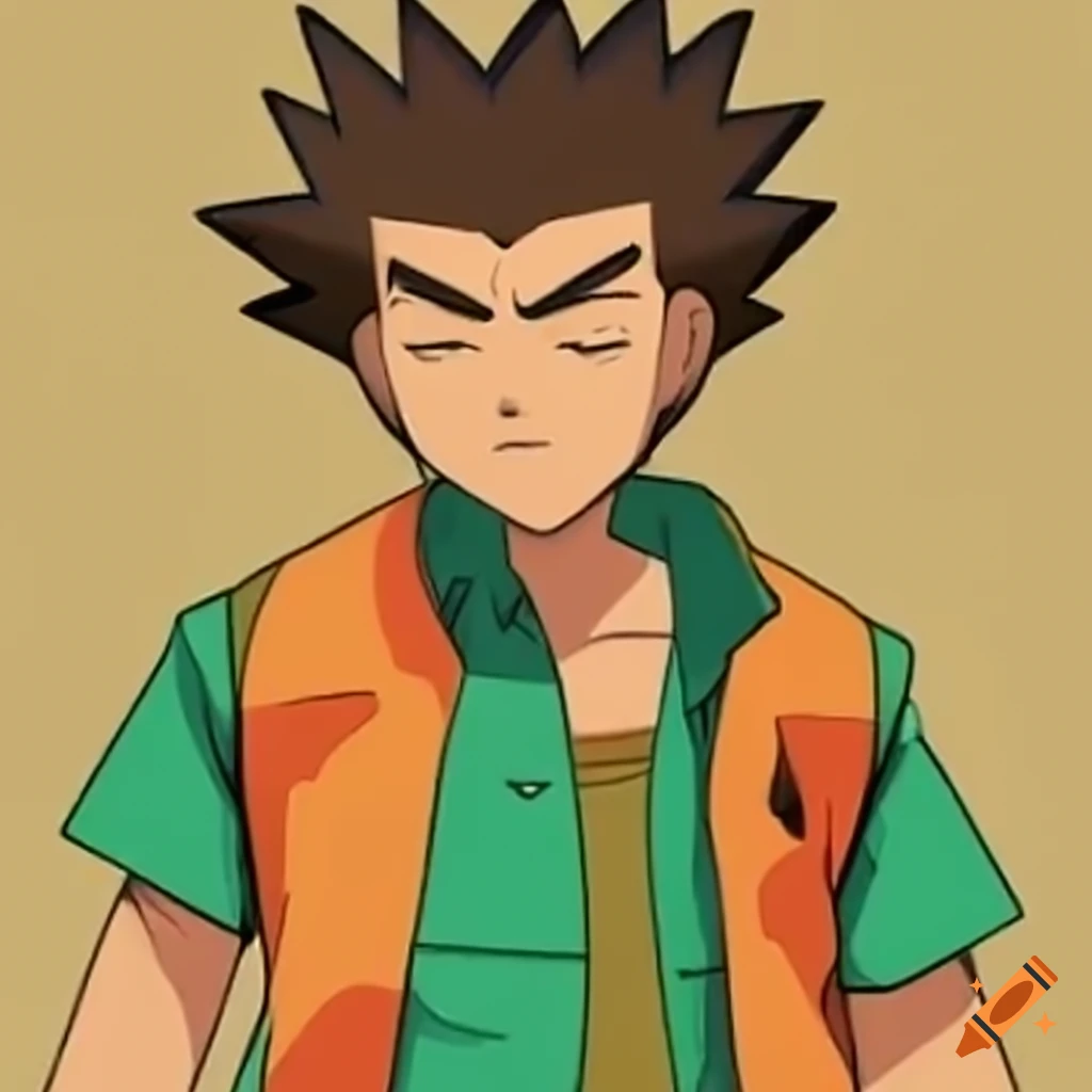 Brock from pokemon in orange vest over green shirt on Craiyon