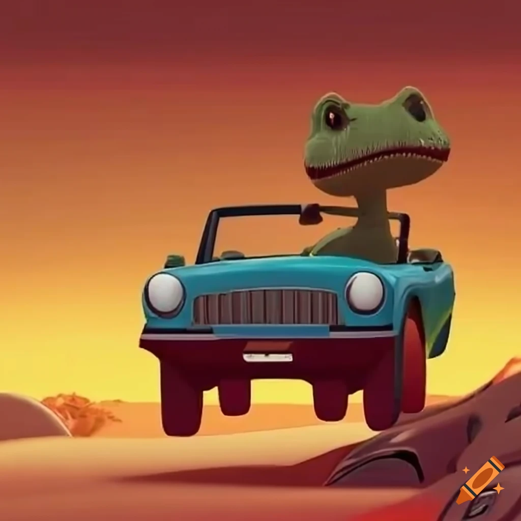 Dinosaur driving a convertible car on Craiyon