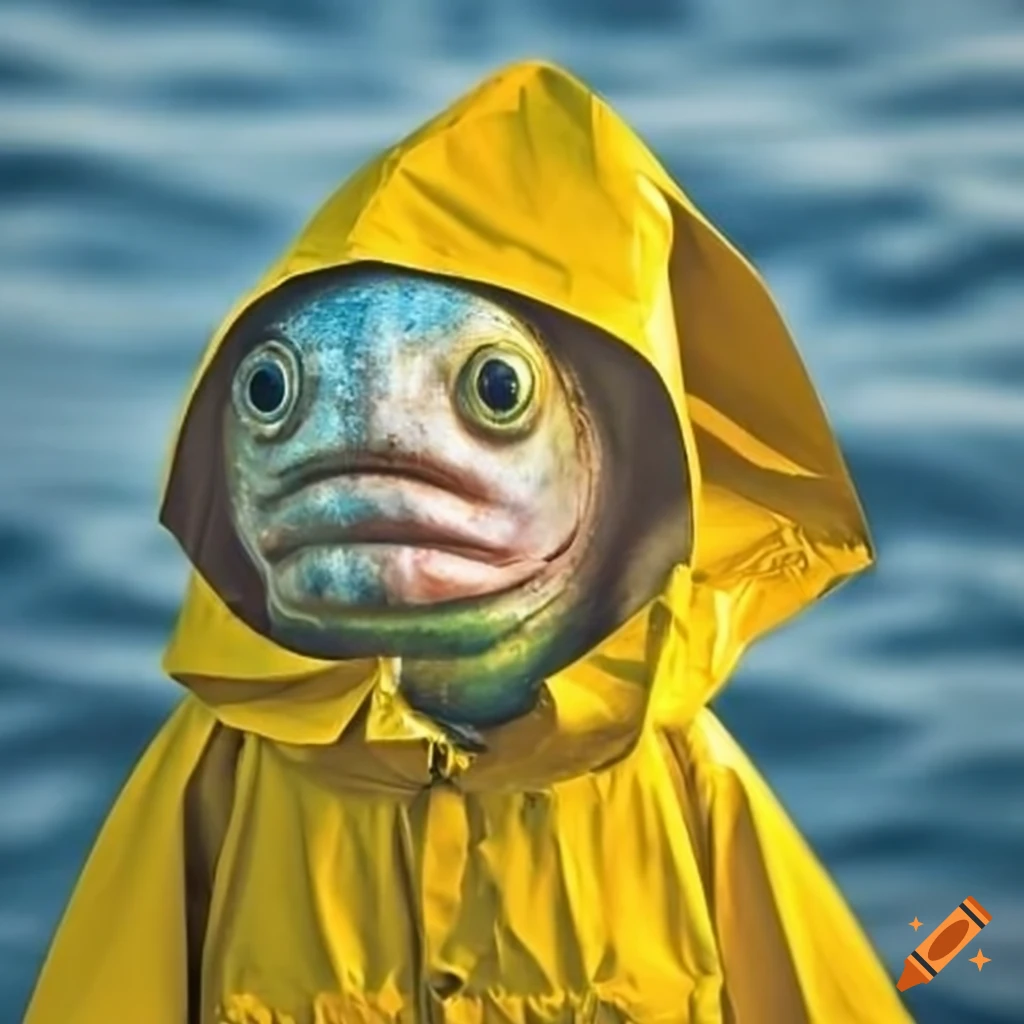 Fish-person in a yellow fisherman's raincoat on Craiyon