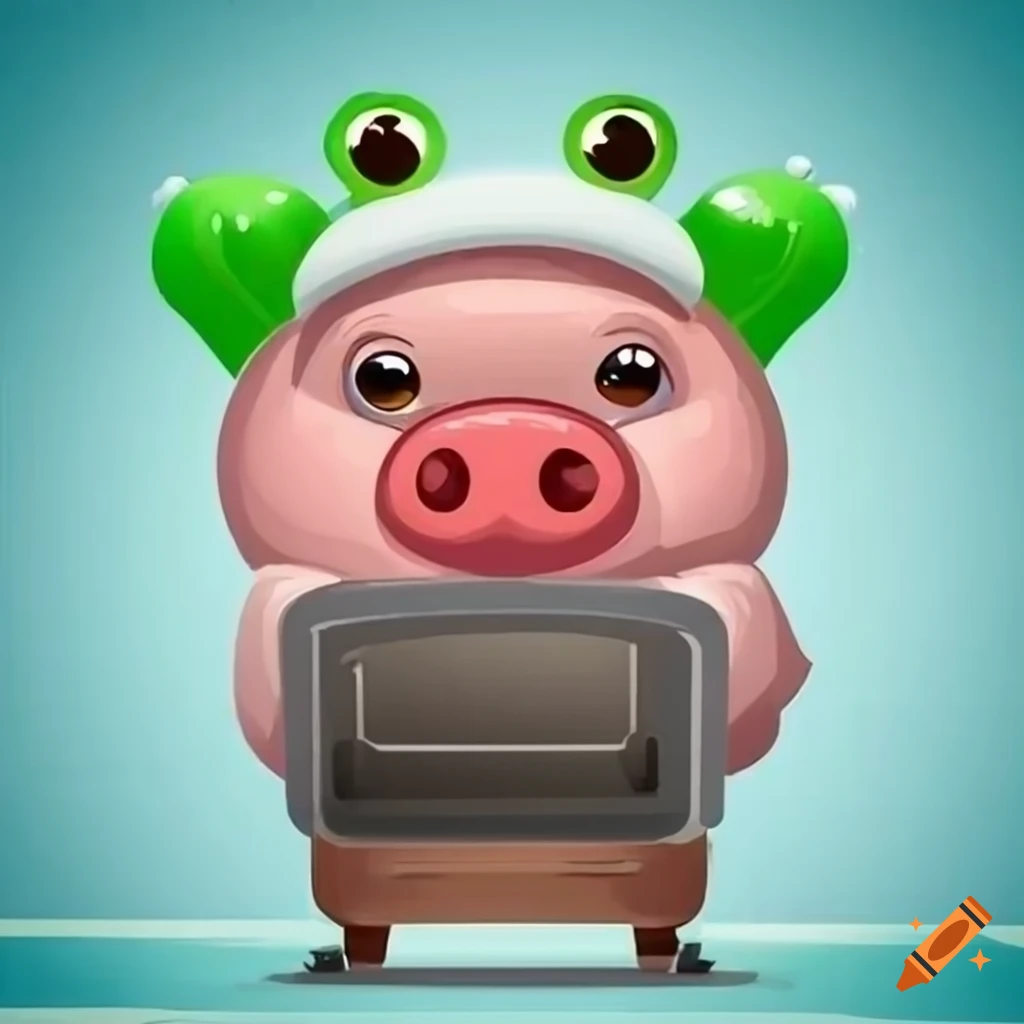 Cartoon pig in a frog hat watching tv on Craiyon