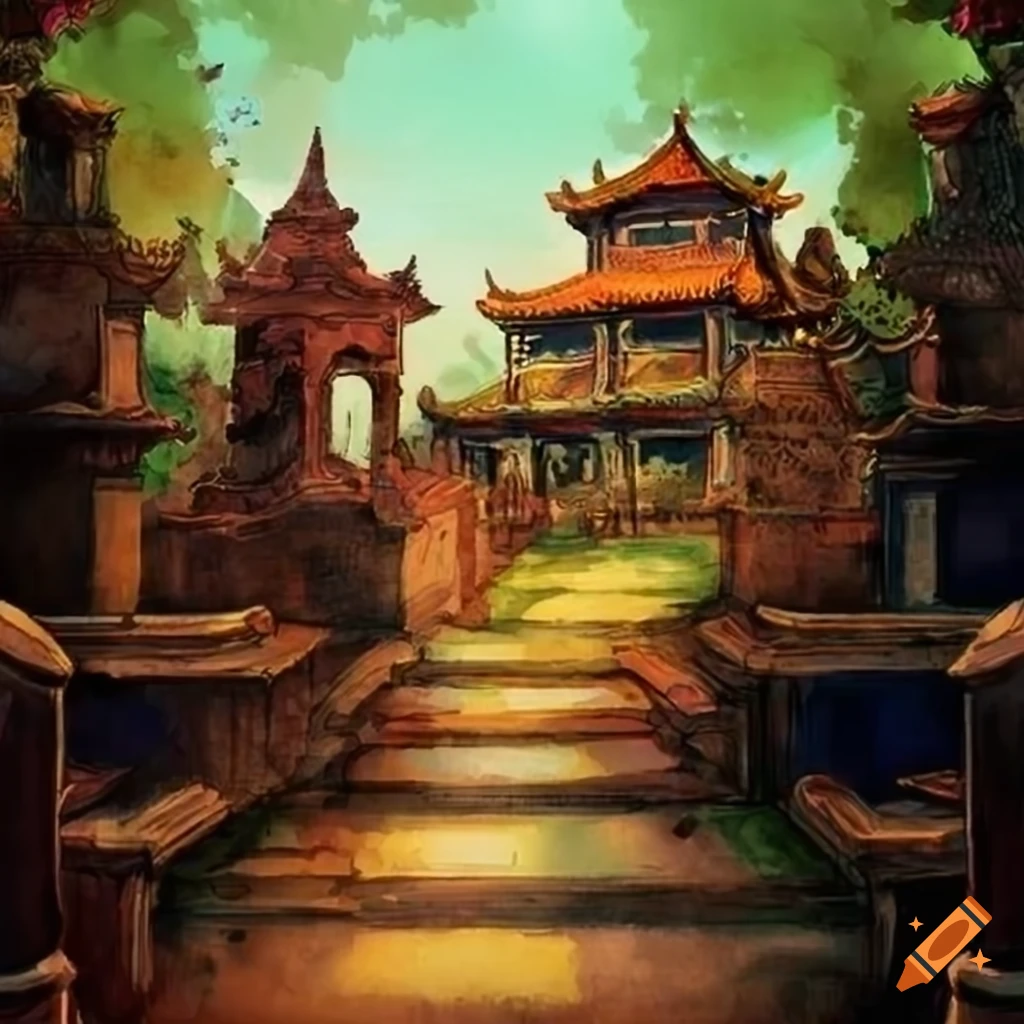 Watercolor fantasy asian temple on Craiyon