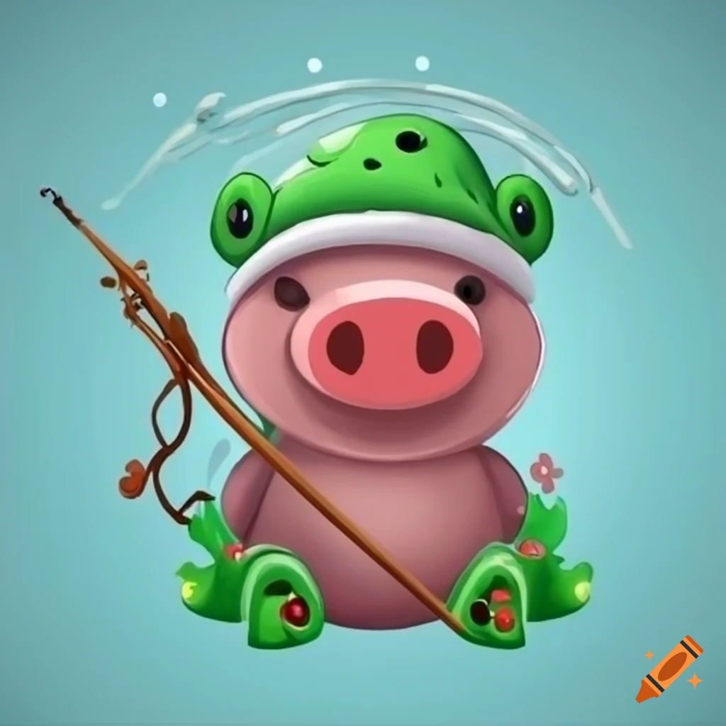 Cartoon pig in a frog hat fishing on Craiyon