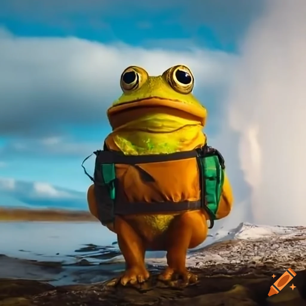 Frog with backpack near icelandic geyser on Craiyon