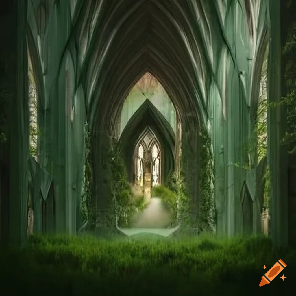 Overgrown forest reclaiming church architecture on Craiyon