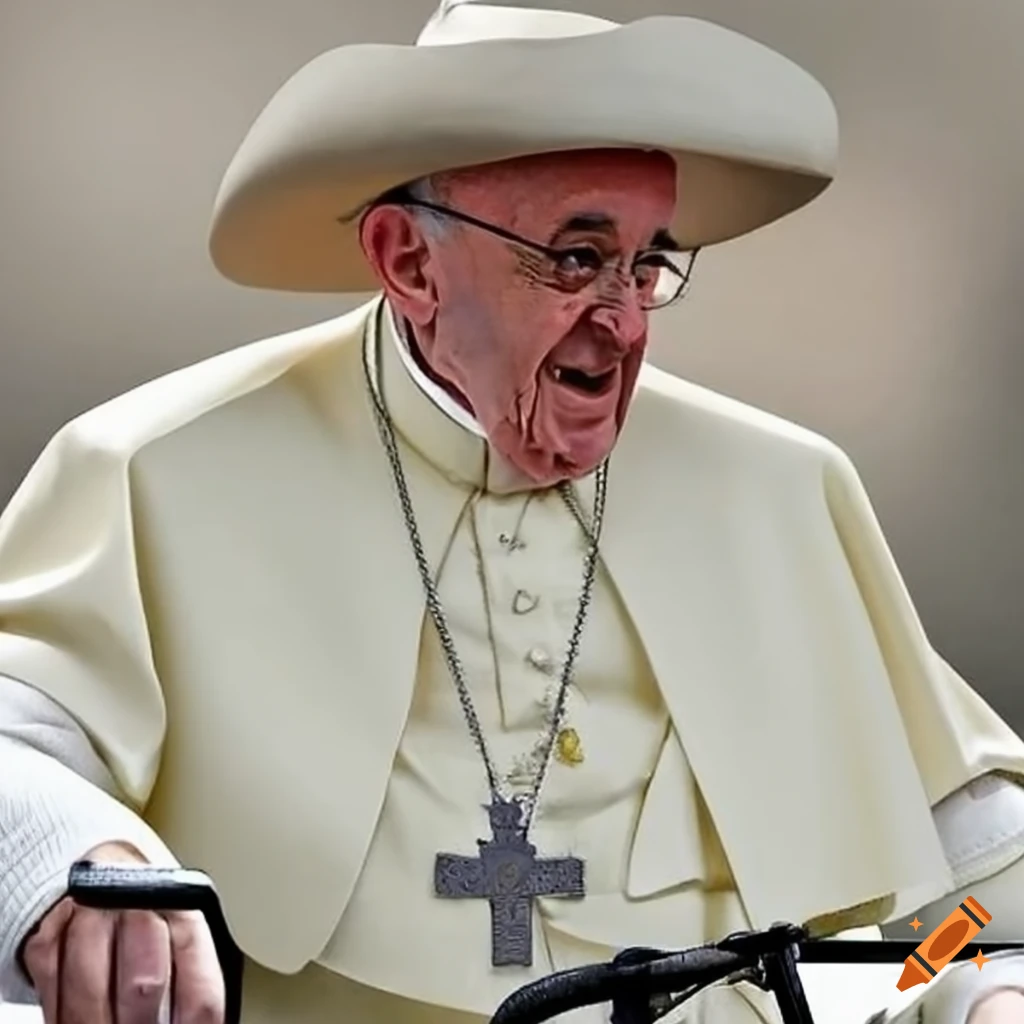 Pope francis with a cowboy hat riding a bicycle on Craiyon