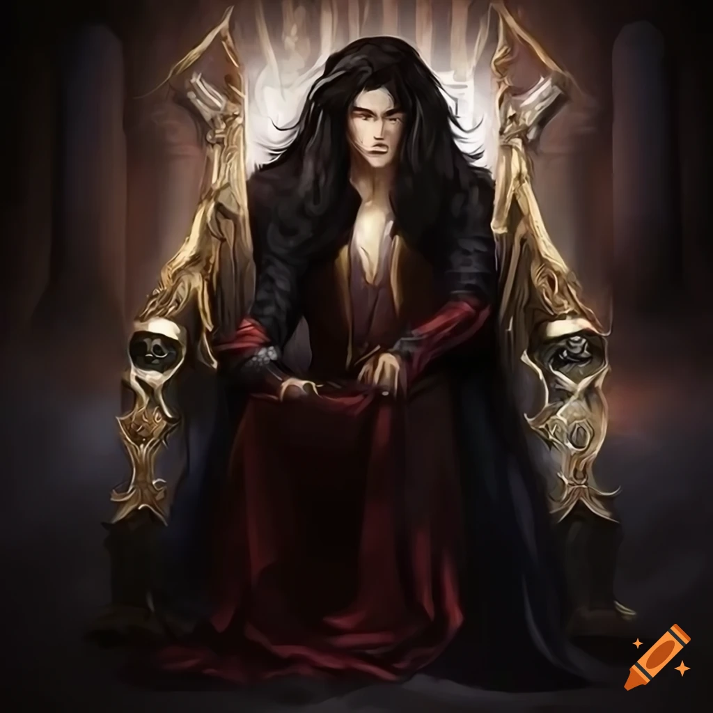 Handsome black-haired wizard on a throne in a fantasy setting on Craiyon