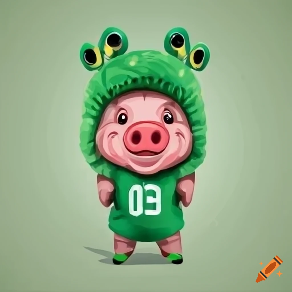 Cartoon pig in frog hat playing soccer in celtics jersey on Craiyon