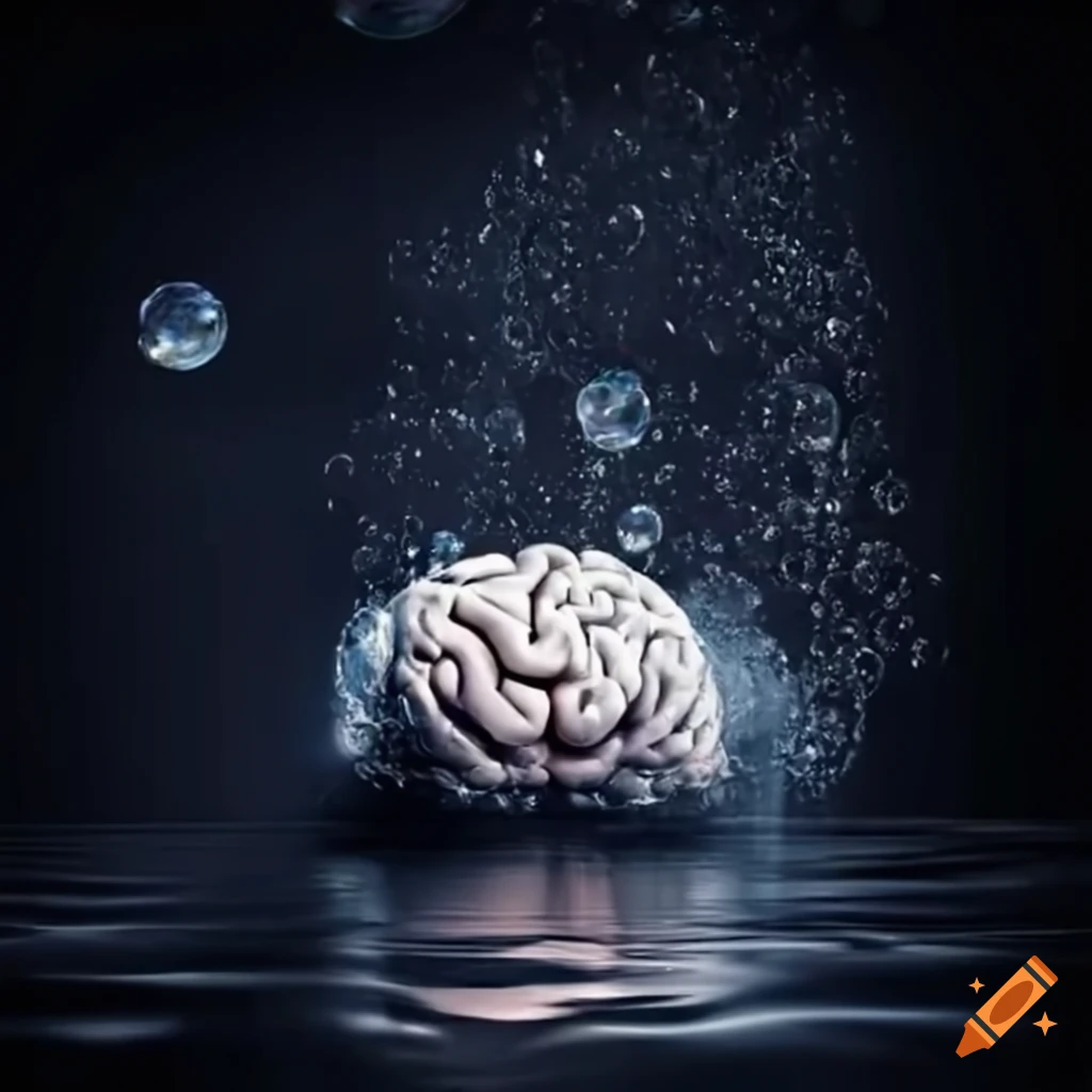 Floating brain in a hot tub with bubbles and steam on Craiyon