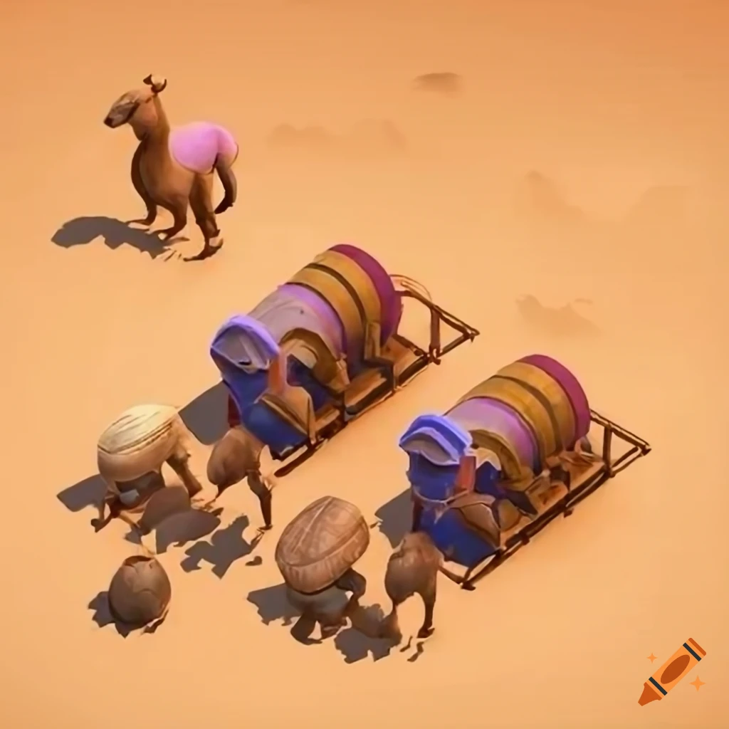 Artistic depiction of an ancient arabic caravan with camels pulling ...