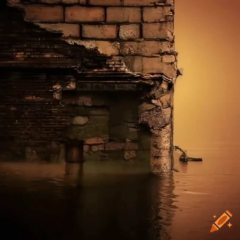 Close-up of flooded crumbling brick doorway with abandoned buildings ...