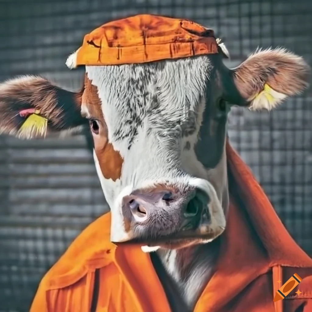 Cow in an orange jumpsuit in a prison setting on Craiyon