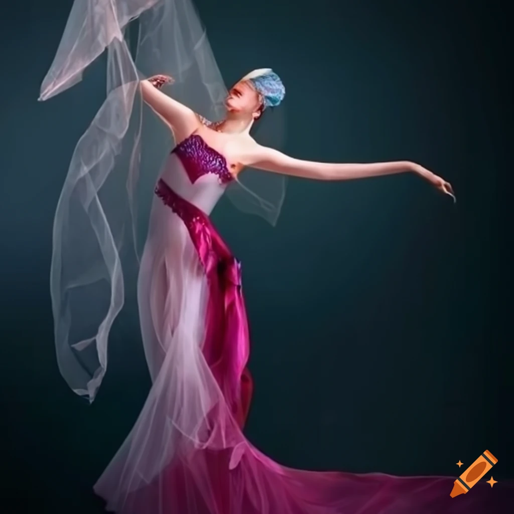 Expressive art nouveau ballerina dancing in a veil and hat with a sash ...