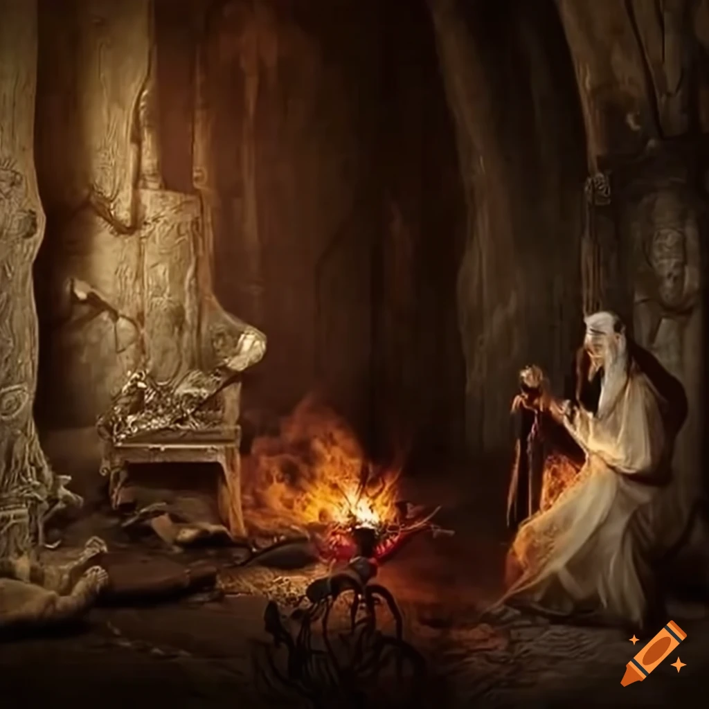 Mysterious druid performing rituals in a well-lit room with various ...