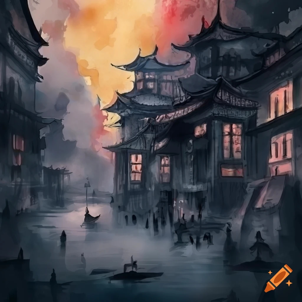 Dark fantasy asian city in watercolor style on Craiyon