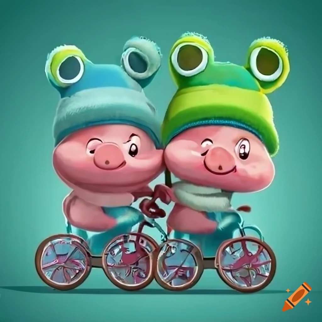 Adorable cartoon pigs wearing frog hats riding bicycles on Craiyon
