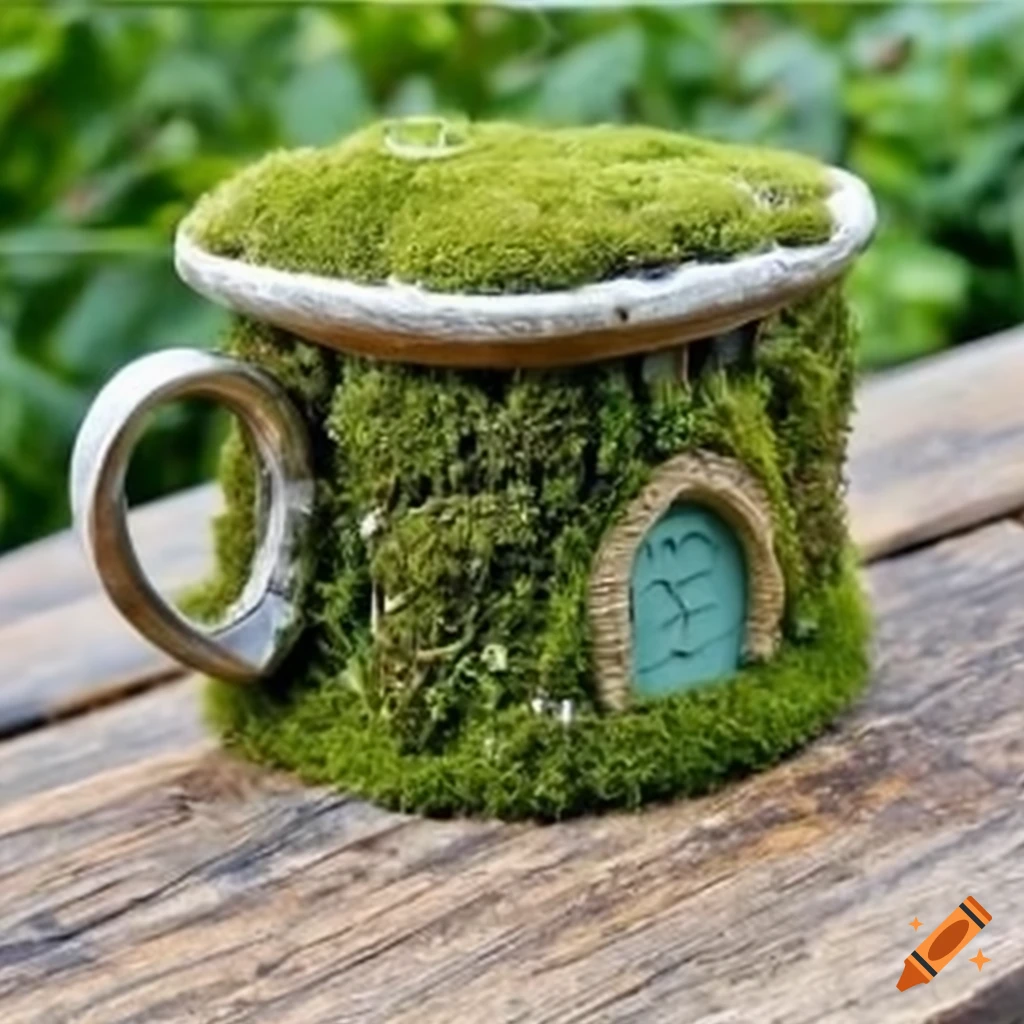 Miniature mossy hobbit house shaped mug on Craiyon