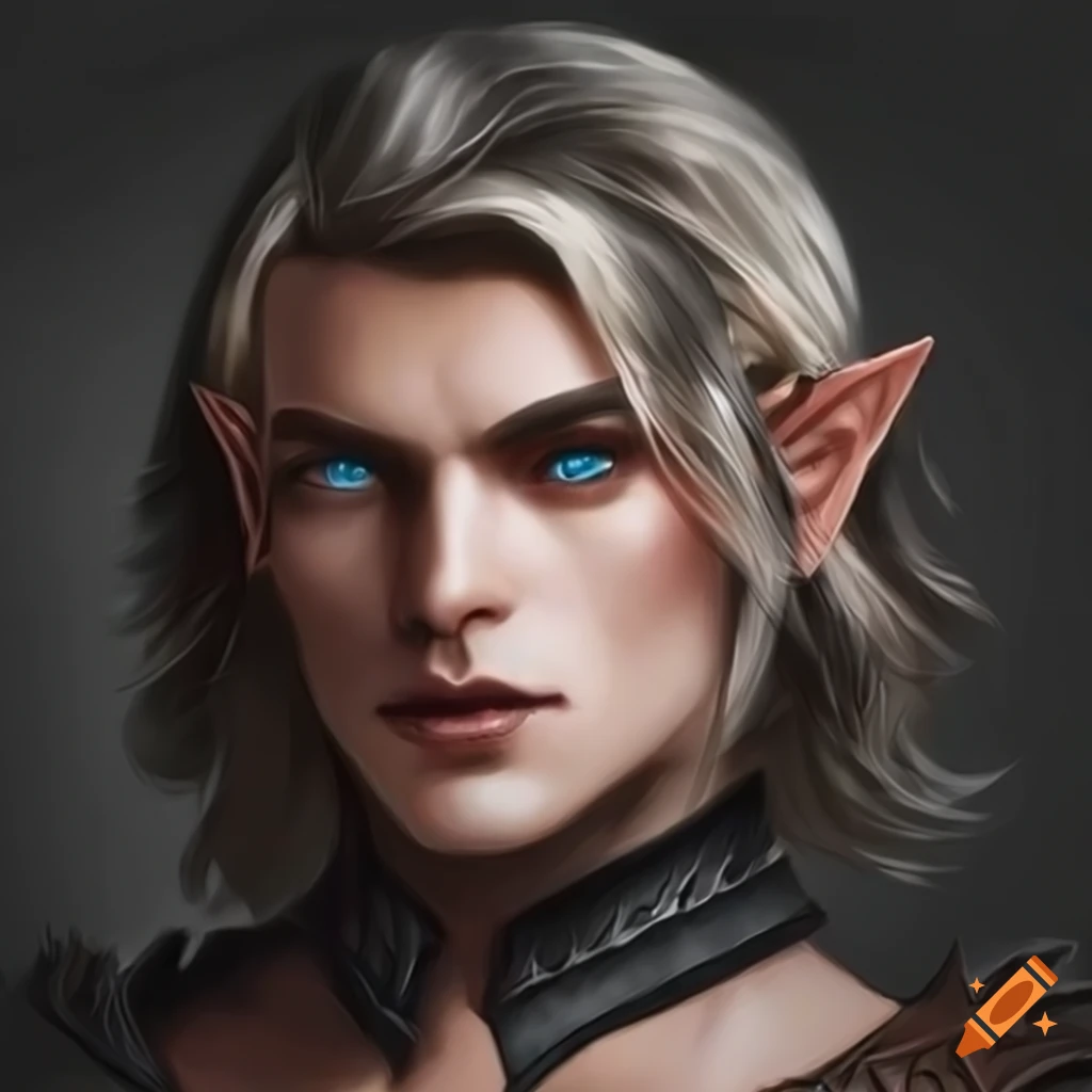 Handsome male elf warrior with black wavy bob hair and blue eyes on Craiyon