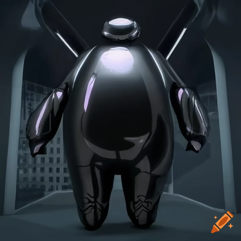 Giant cute overweight inflatable chrome baymax in black armor in a sci ...