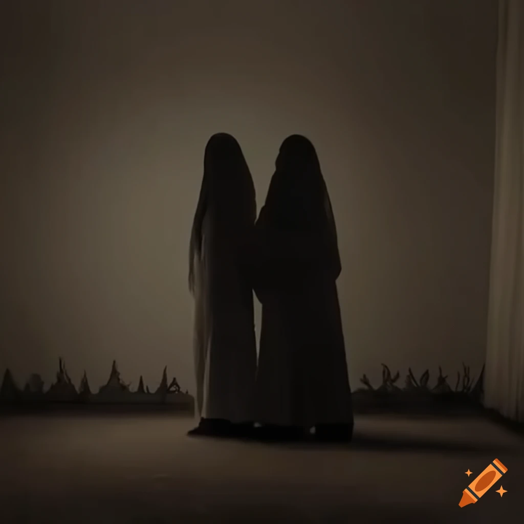 Two friendly ghosts holding hands in a dimly lit room on Craiyon