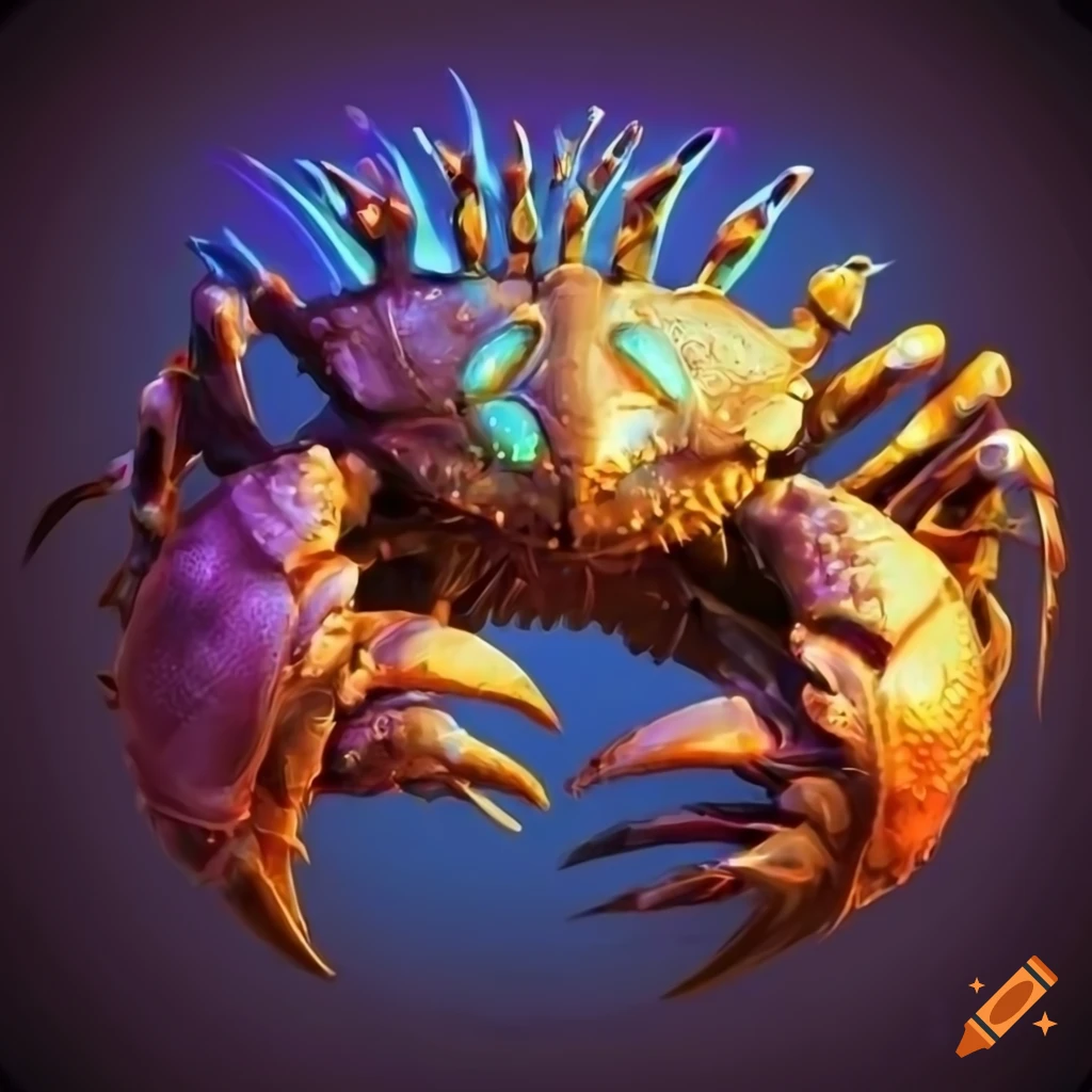 Enchanting close-up of a fantasy alien crab with luminescent claws and ...