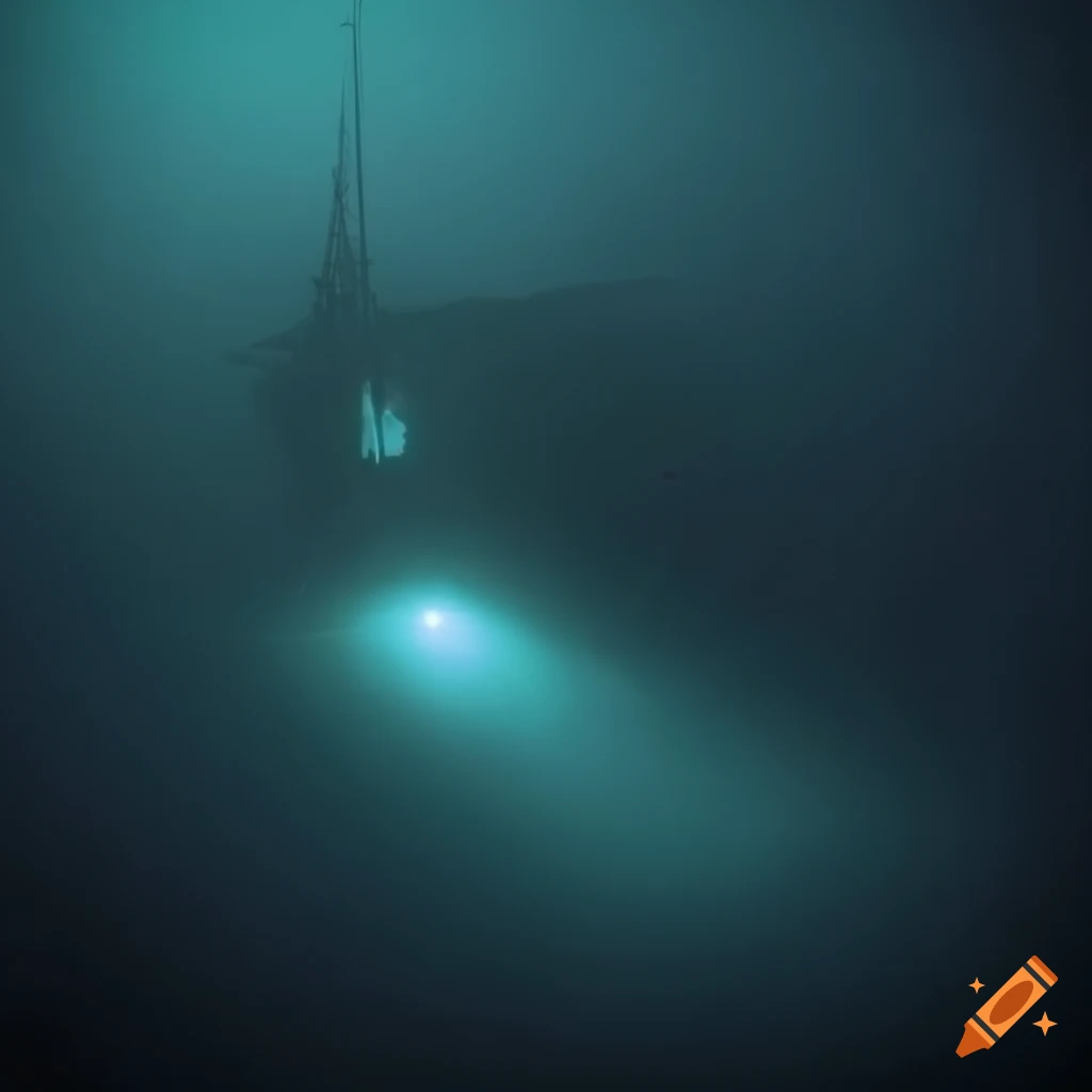 Metal ship alone in the deep sea with fires burning at night on Craiyon