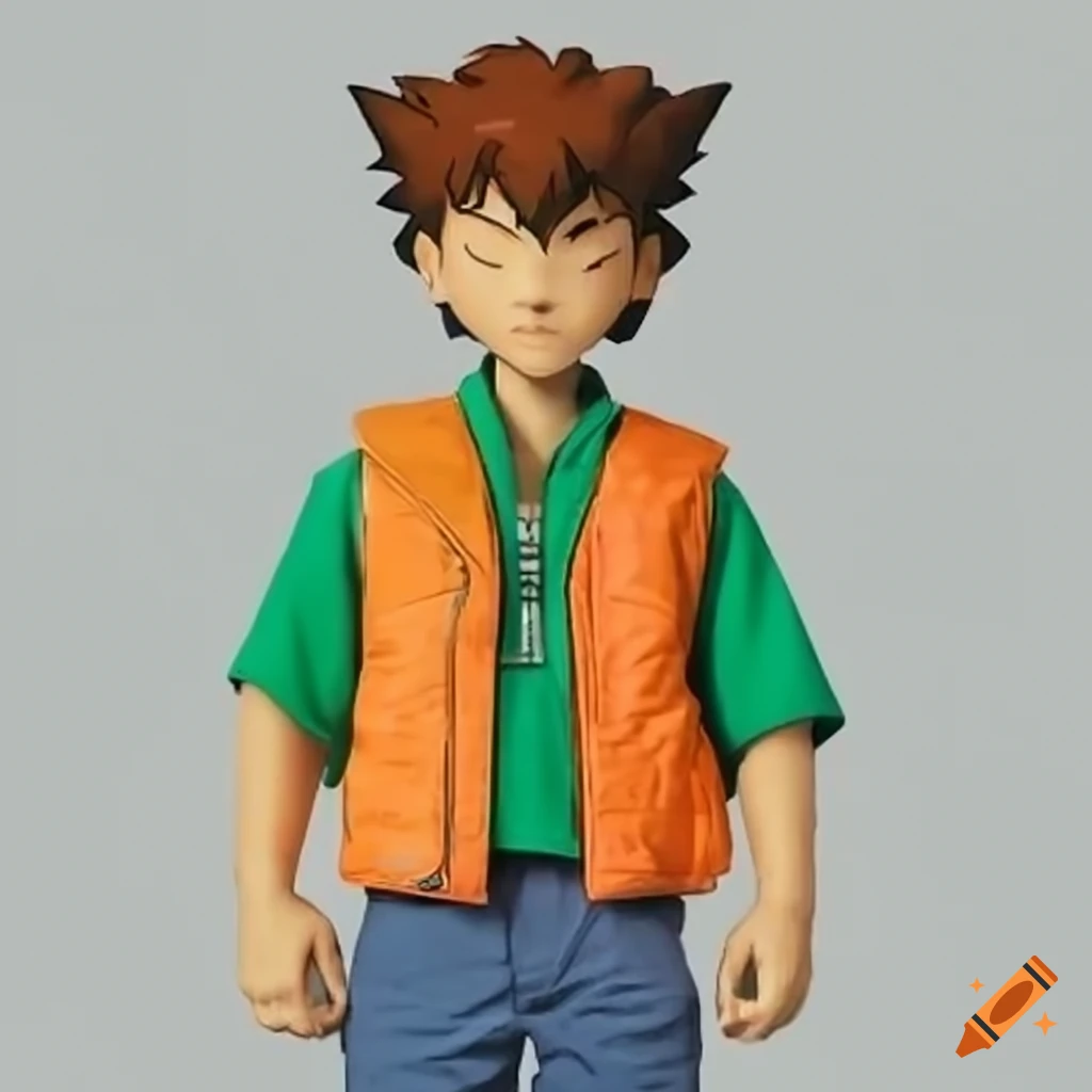 Brock from pokemon with eyes closed and orange vest over a green shirt ...