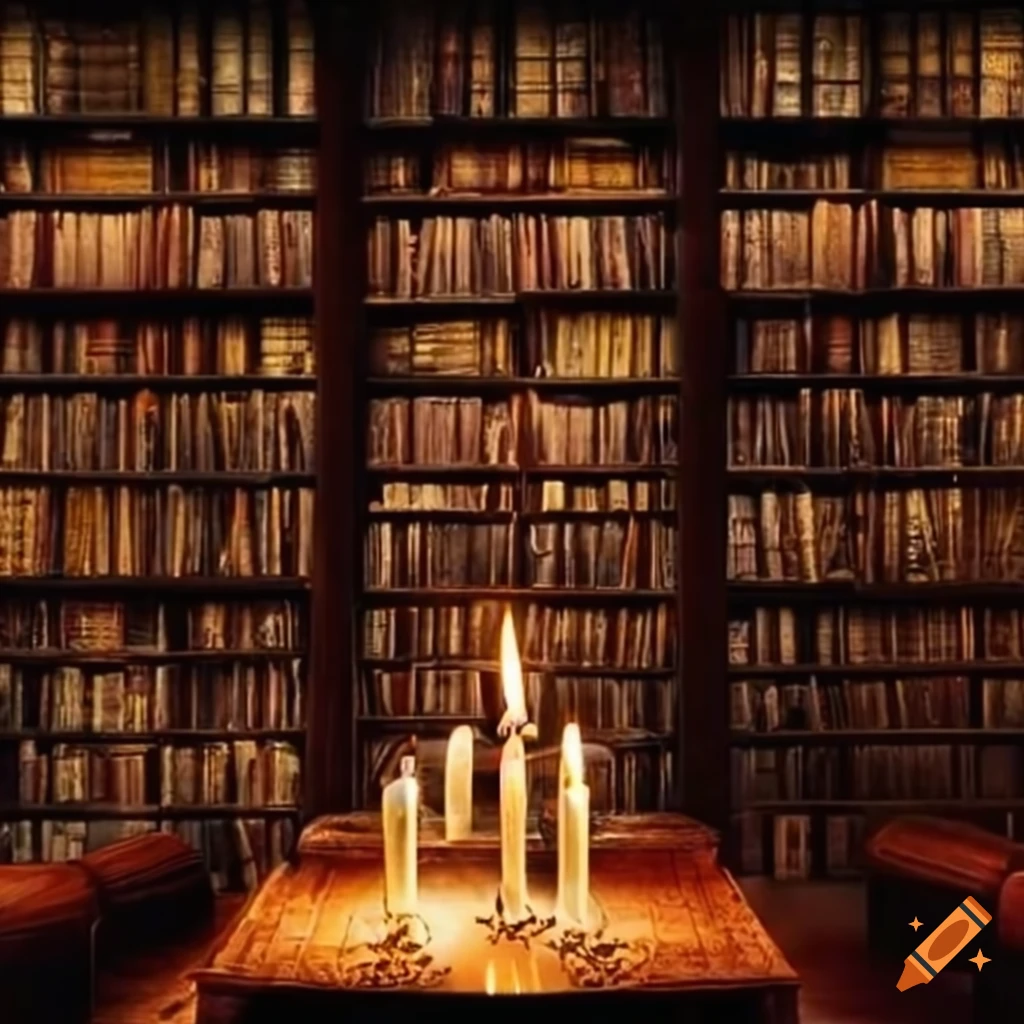 Vintage library with candlelit packed bookshelves on Craiyon