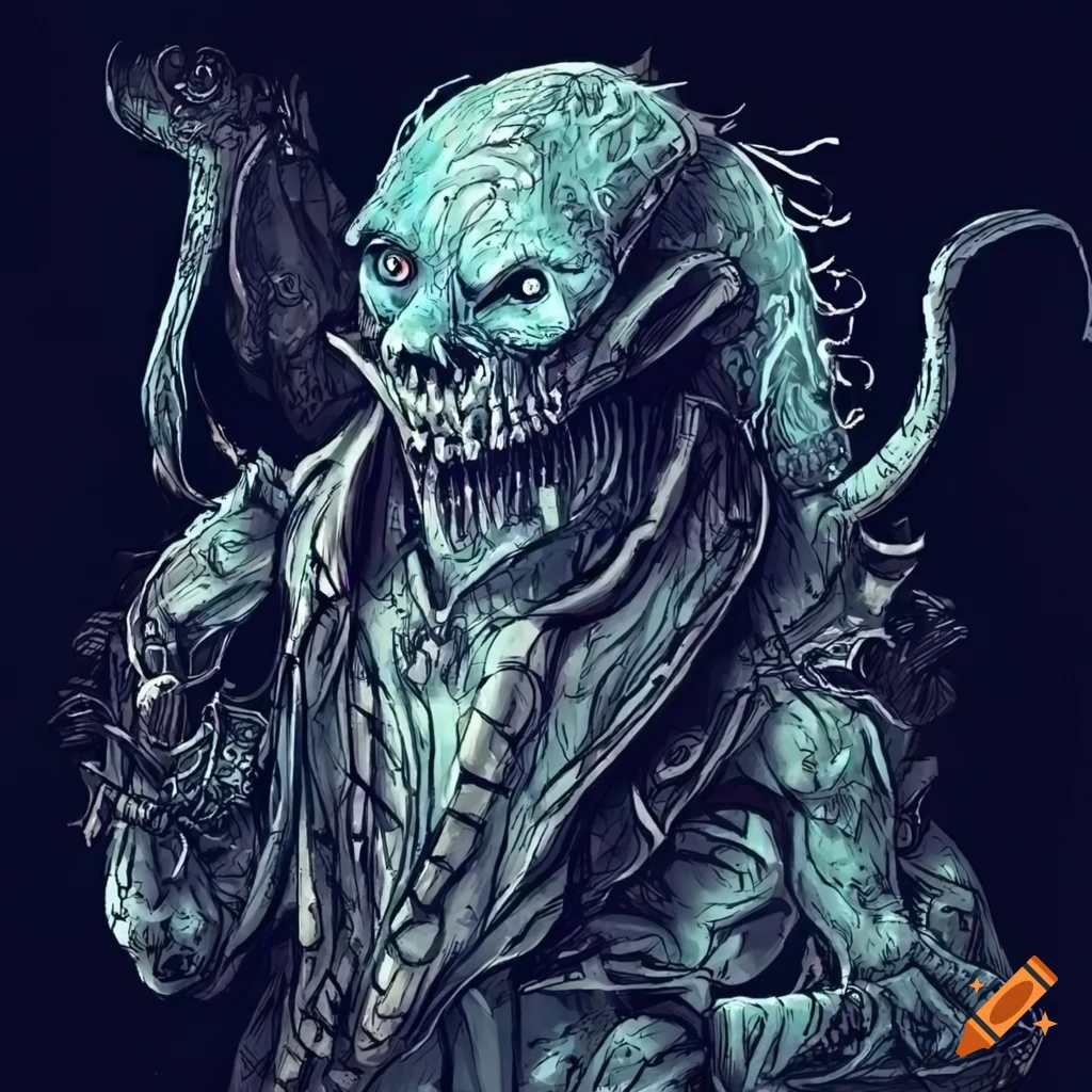 Fishmen humanoids in pirate outfits in a dark fantasy comic-book style ...