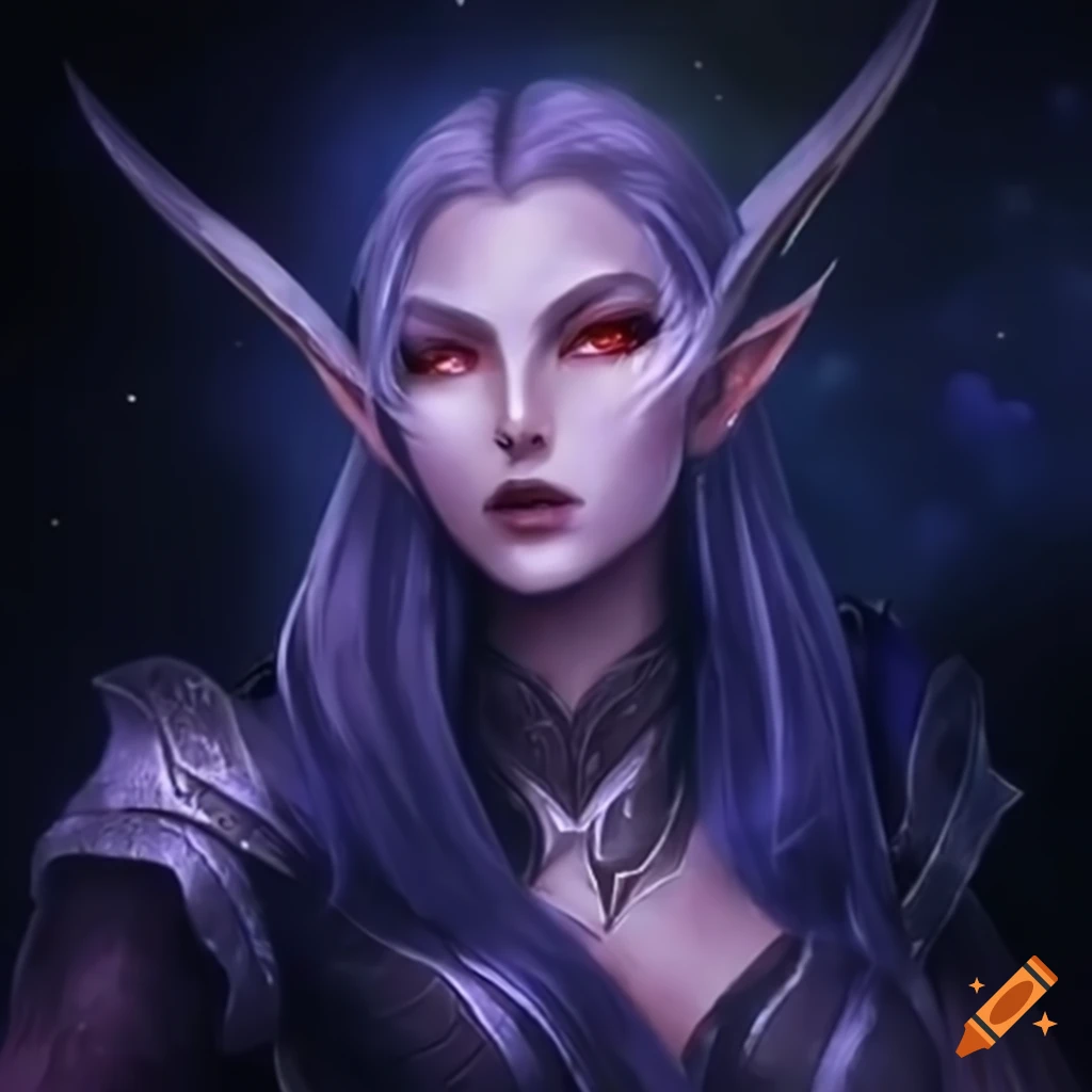 Beautiful and vengeful elf sorceress in a starry night magical academy ...