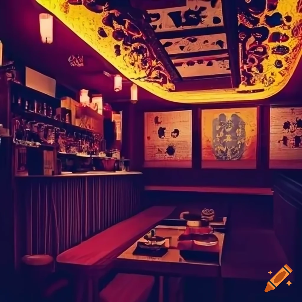 Interior of a Japanese bar with early 2000s decor and yellow lights on ...