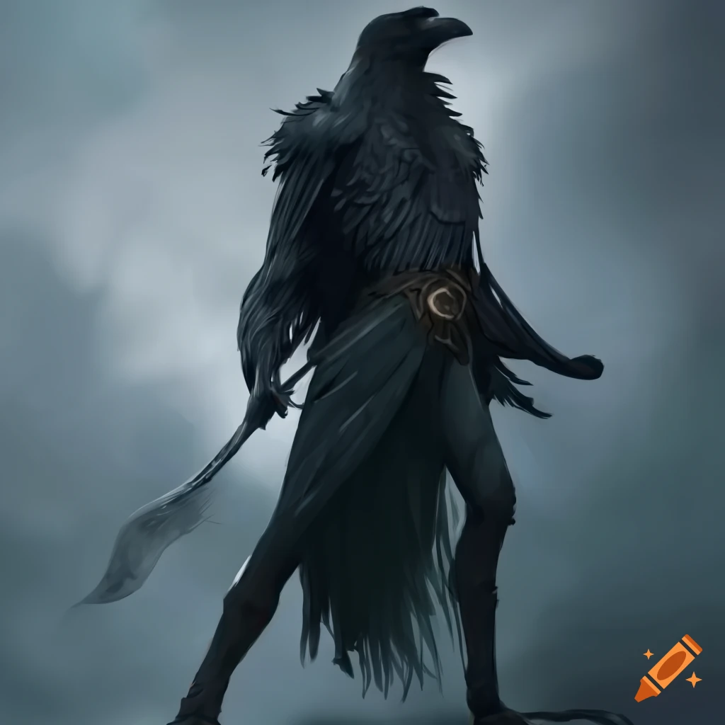 Humanoid crow with a large sword in a dramatic pose on Craiyon