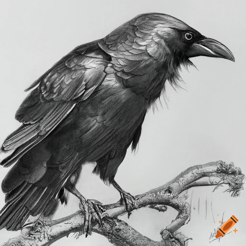Majestic raven perched on a branch in a detailed pencil drawing on Craiyon
