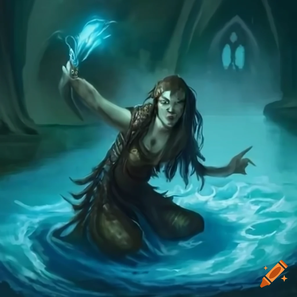 Merfolk wizard casting spells on water in a fantasy art style on Craiyon