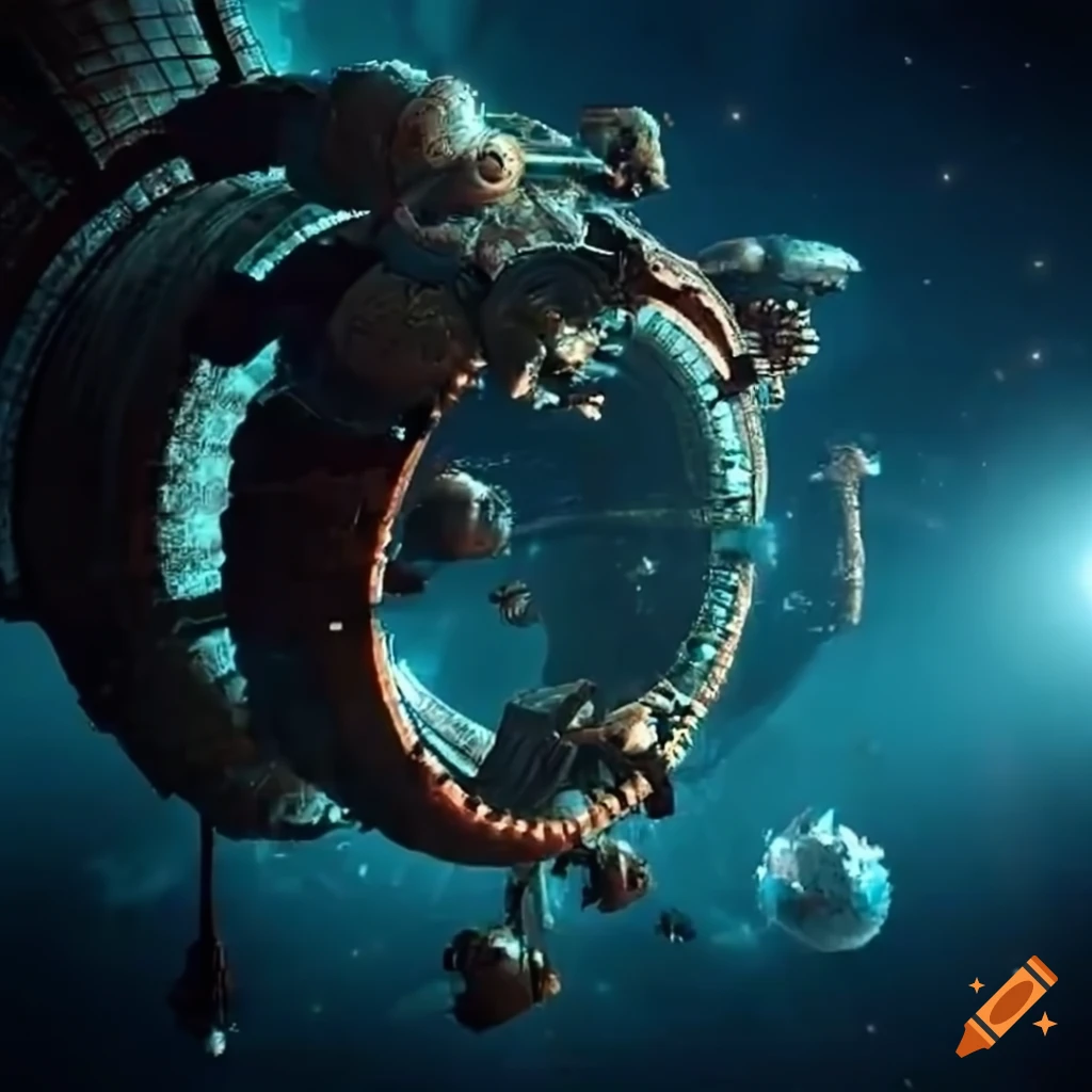 Flight through a giant alien machine factory in deep space on Craiyon