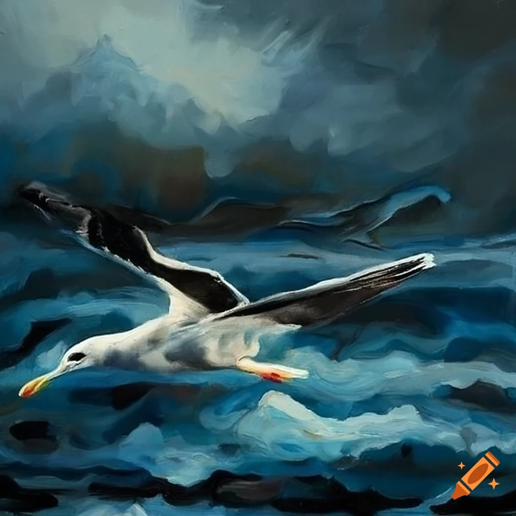 Abstract painting of a gull flying low over a stormy ocean by john ...